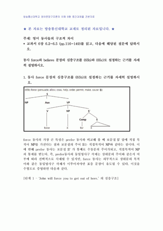 2010년 1학기 영어문장구조론 중간시험과제물 B형(force와 believe문장)