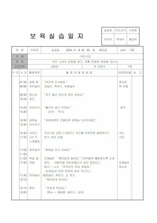 [사회복지] 보육실습일지 1개월(4주분량)-가정어린이집