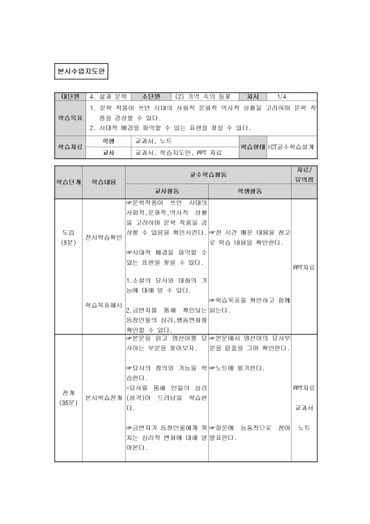 [국어과 학습 지도안] 4. 기억 속의 들꽃 1~4차시