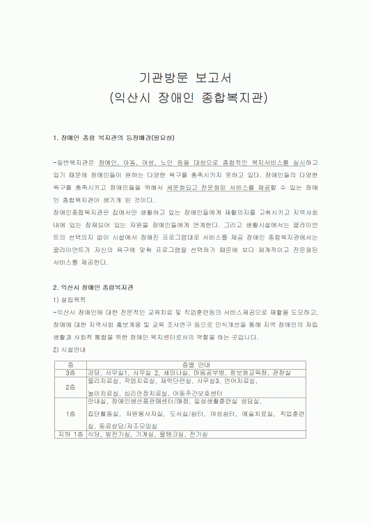 [봉사활동/사회복지론A+]익산시 장애인 종합복지관 기관탐방 레포트