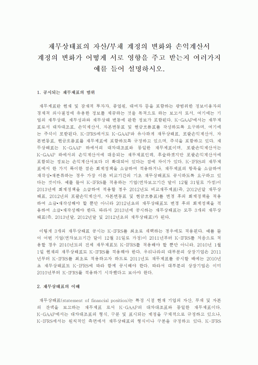 재무상태표의 자산/부채 계정의 변화와 손익계산서 계정의 변화가 어떻게 서로 영향을 주고 받는지 여러가지 예를 들어 설명.