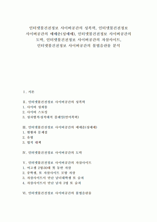 인터넷불건전정보 사이버공간의 성폭력, 인터넷불건전정보 사이버공간의 매매춘(성매매), 인터넷불건전정보 사이버공간의 도박, 인터넷불건전정보 사이버공간 자살사이트, 인터넷불건전정보 사이버공간 불법음란물