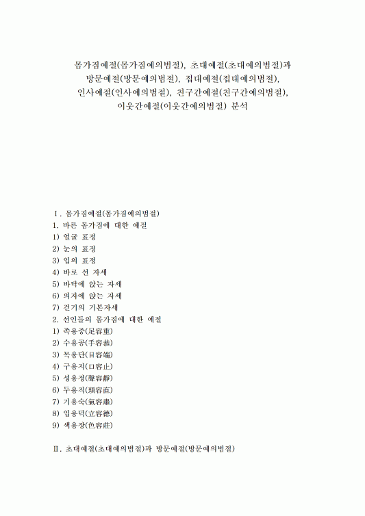 [예절][예의]몸가짐예절(몸가짐예의범절), 초대예절(초대예의범절)과 방문예절(방문예의범절), 접대예절(접대예의범절), 인사예절(인사예의범절), 친구간예절(친구간예의범절), 이웃간예절(이웃간예의범절) 분석