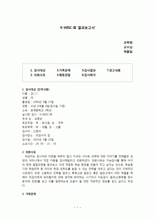 K-WISC-III 결과보고서