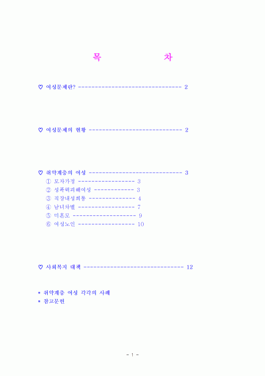 (사회문제론) 취약계층의 여성, 여성문제와 사회복지 대책 보고서