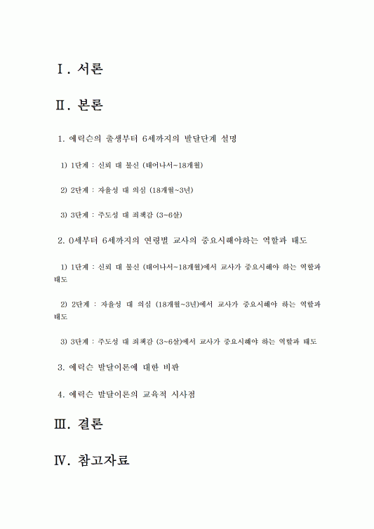 [아동발달]에릭슨의 출생부터 6세까지의 발달단계를 설명하고 발달단계를 근거로 0세부터 6세까지의 연령별 교사의 중요시해야 하는 역할과 태도에 대해 예를 들어 설명