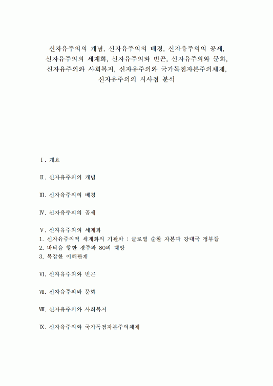 신자유주의의 개념, 신자유주의의 배경, 신자유주의의 공세, 신자유주의의 세계화, 신자유주의와 빈곤, 신자유주의와 문화, 신자유주의와 사회복지, 신자유주의와 국가독점자본주의체제, 신자유주의의 시사점 분석