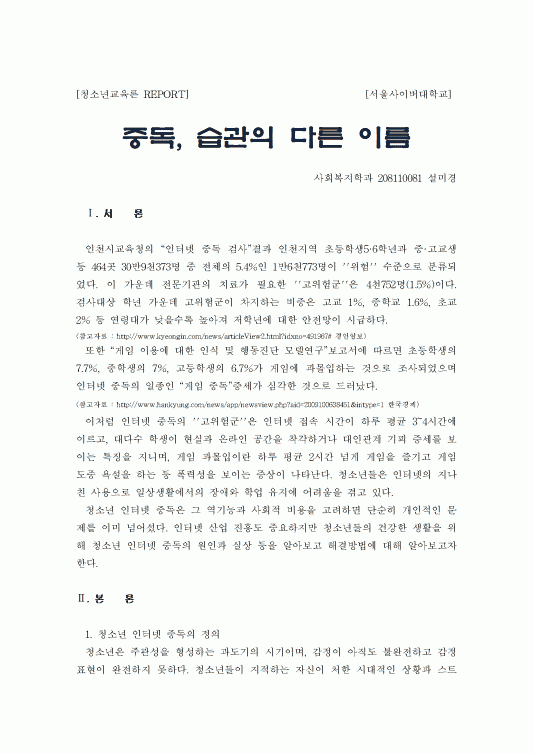 청소년교육론 청소년 인터넷 중독의 원인과 실상 대책 방안