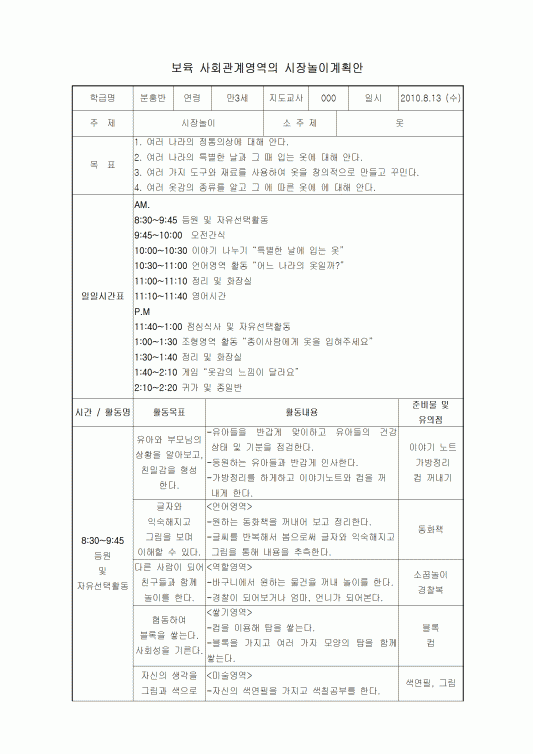 보육 사회관계영역의 시장놀이계획안