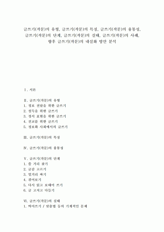 [글쓰기][작문][글짓기]글쓰기(작문)의 유형, 글쓰기(작문)의 특징, 글쓰기(작문)의 융통성, 글쓰기(작문)의 단계, 글쓰기(작문)의 실태, 글쓰기(작문)의 사례, 향후 글쓰기(작문)의 내실화 방안 분석