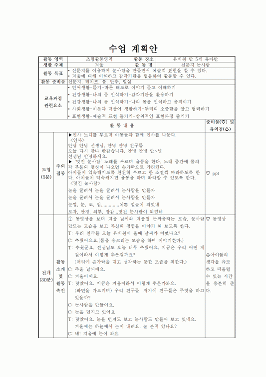 유아특수교육 수업세안지도안(신문지눈사람)