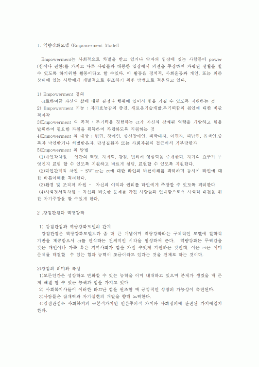 강점 관점 (역량강화모델)에 대하여 조사하고, 사회복지실천현장에서 활용되고 있는 사례(또는 사업)를 1가지를 제시하세요