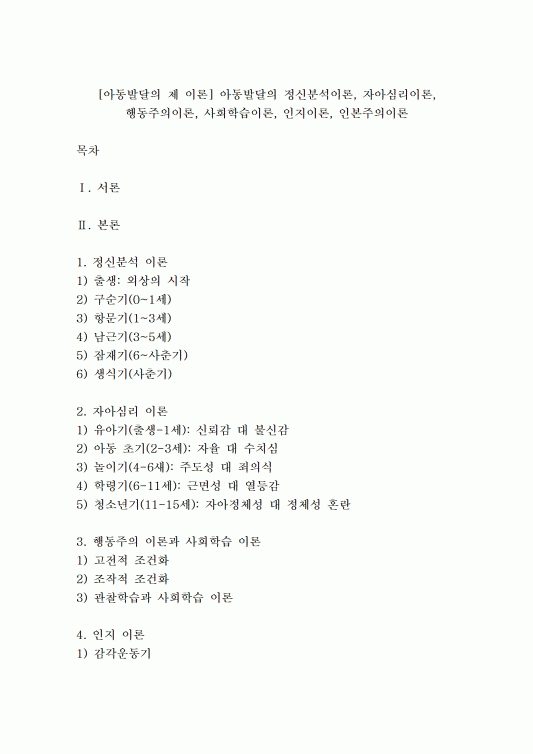 [아동발달의 제 이론] 정신분석이론, 자아심리이론, 행동주의이론, 사회학습이론, 인지이론, 인본주의이론