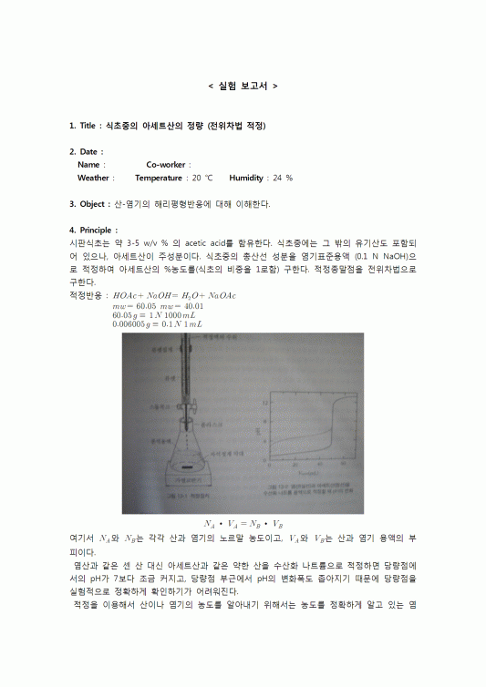 식초중의 아세트산의 정량 (전위차법 적정)