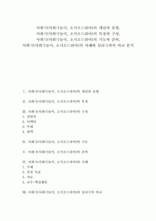 사회극(사회극놀이, 소시오드라마) 개념과 유형, 사회극(사회극놀이, 소시오드라마) 특징과 구성, 사회극(사회극놀이, 소시오드라마) 기능과 준비, 사회극(사회극놀이, 소시오드라마) 사례와 심리극과의 비교 분석