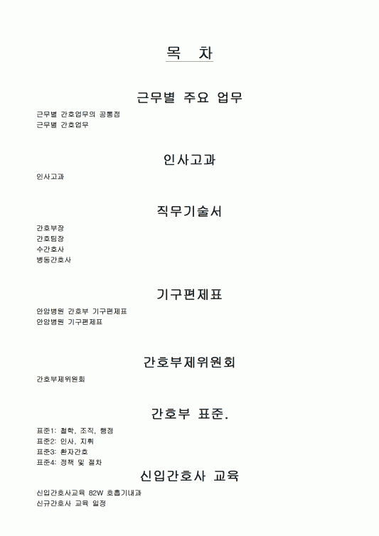 간호관리 실습지침서 - 근무별 주요 업무, 인사고과, 기구편제표, 간호부 표준, 간호부제위원회