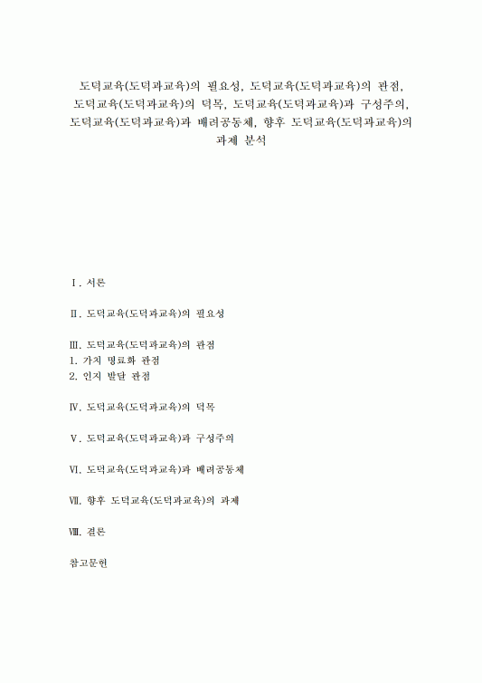 도덕교육(도덕과교육)의 필요성, 도덕교육(도덕과교육)의 관점, 도덕교육(도덕과교육)의 덕목, 도덕교육(도덕과교육)과 구성주의, 도덕교육(도덕과교육)과 배려공동체, 향후 도덕교육(도덕과교육)의 과제 분석