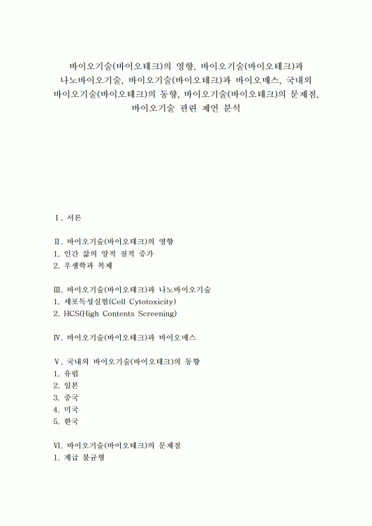 바이오기술(바이오테크)의 영향, 바이오기술(바이오테크)과 나노바이오기술, 바이오기술(바이오테크)과 바이오매스, 국내외 바이오기술(바이오테크)의 동향, 바이오기술(바이오테크) 문제점, 바이오기술 관련 제언