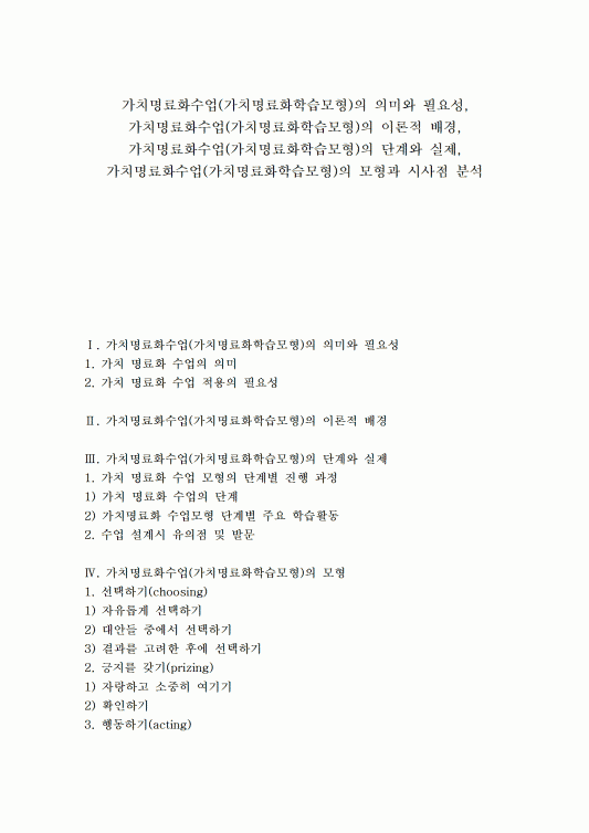 가치명료화수업(가치명료화학습모형)의 의미와 필요성, 가치명료화수업(가치명료화학습모형)의 이론적 배경, 가치명료화수업(가치명료화학습모형) 단계와 실제, 가치명료화수업(가치명료화학습모형) 모형과 시사점