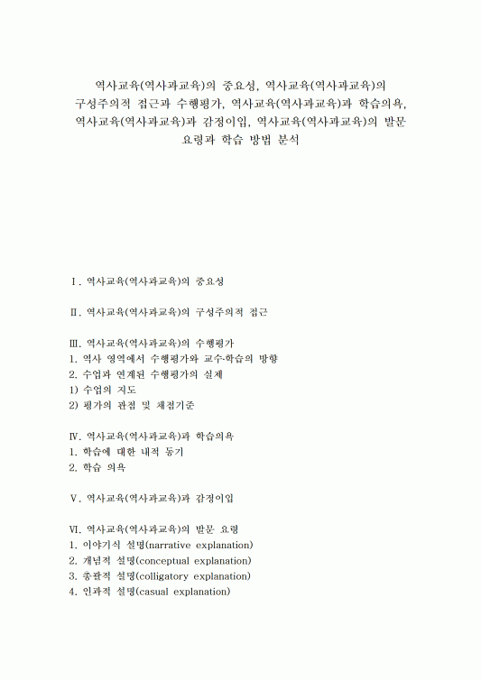 역사교육(역사과교육)의 중요성, 역사교육(역사과교육)의 구성주의적 접근과 수행평가, 역사교육(역사과교육)과 학습의욕, 역사교육(역사과교육)과 감정이입, 역사교육(역사과교육)의 발문 요령과 학습 방법 분석