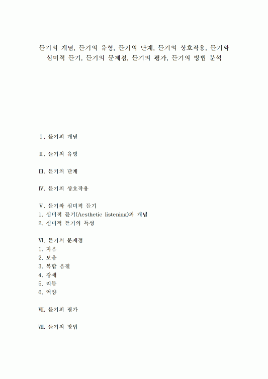 [듣기][상호작용][심미적 듣기][듣기의 문제점][듣기 평가][듣기 방법]듣기의 개념, 듣기의 유형, 듣기의 단계, 듣기의 상호작용, 듣기와 심미적 듣기, 듣기의 문제점, 듣기의 평가, 듣기의 방법 분석