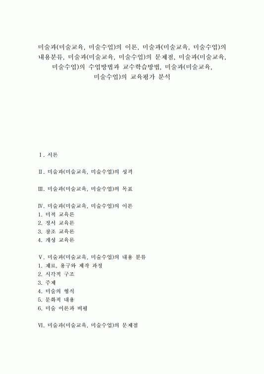 미술과(미술교육, 미술수업)의 이론, 미술과(미술교육, 미술수업)의 내용분류, 미술과(미술교육, 미술수업)의 문제점, 미술과(미술교육, 미술수업)의 수업방법과 교수학습방법, 미술과(미술교육, 미술수업) 교육평가