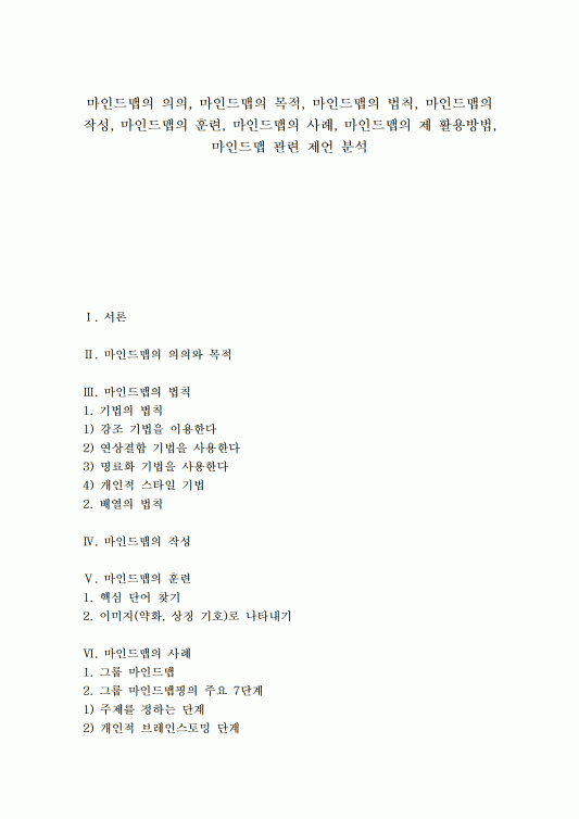 [마인드맵][마인드맵 사례][마인드맵 활용방법][생각][사고]마인드맵의 의의, 마인드맵의 목적, 마인드맵의 법칙, 마인드맵의 작성, 마인드맵의 훈련, 마인드맵의 사례, 마인드맵의 제 활용방법, 마인드맵 관련 제언