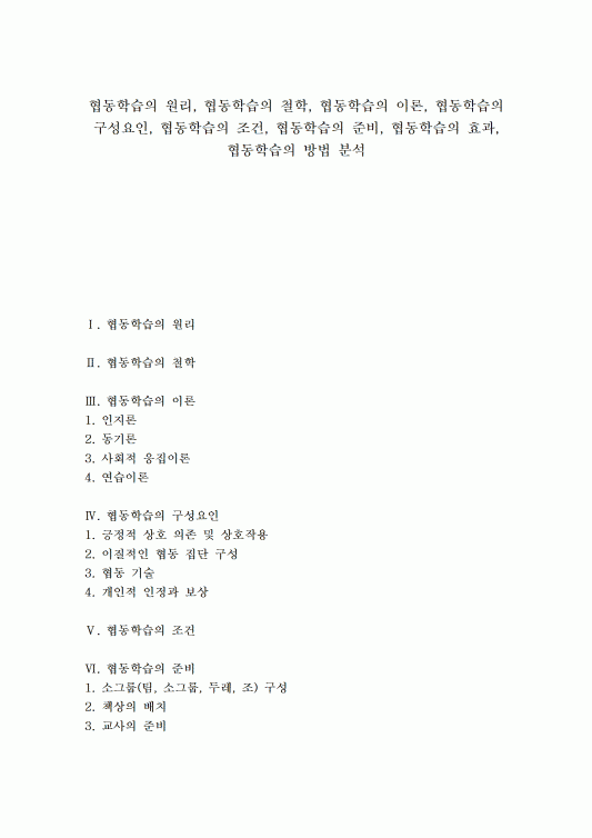 [협동학습][협동학습 이론][협동학습 방법][협동학습 모형]협동학습의 원리, 협동학습의 철학, 협동학습의 이론, 협동학습의 구성요인, 협동학습의 조건, 협동학습의 준비, 협동학습의 효과, 협동학습의 방법 분석