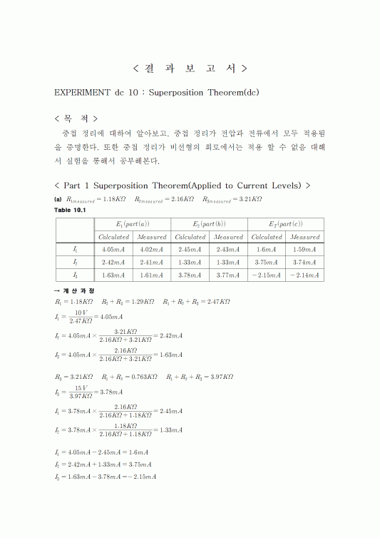 결과 실험10 EXPERIMENT dc 10  Superposition Theorem(dc)