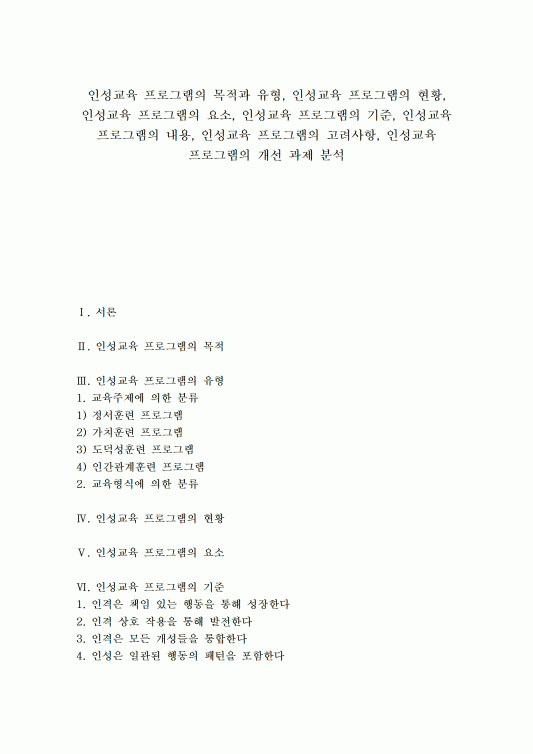 인성교육 프로그램의 목적과 유형, 인성교육 프로그램의 현황, 인성교육 프로그램의 요소, 인성교육 프로그램의 기준, 인성교육 프로그램의 내용, 인성교육 프로그램의 고려사항, 인성교육 프로그램 개선 과제 분석