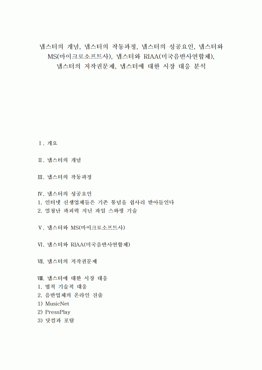 [냅스터][저작권문제]냅스터의 개념, 냅스터의 작동과정, 냅스터의 성공요인, 냅스터와 MS(마이크로소프트사), 냅스터와 RIAA(미국음반사연합체), 냅스터의 저작권문제, 냅스터에 대한 시장 대응 분석