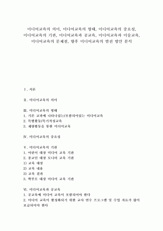 [미디어교육]미디어교육의 의미, 미디어교육의 형태, 미디어교육의 중요성, 미디어교육의 기관, 미디어교육과 공교육, 미디어교육과 미술교육, 미디어교육의 문제점, 향후 미디어교육의 발전 방안 분석