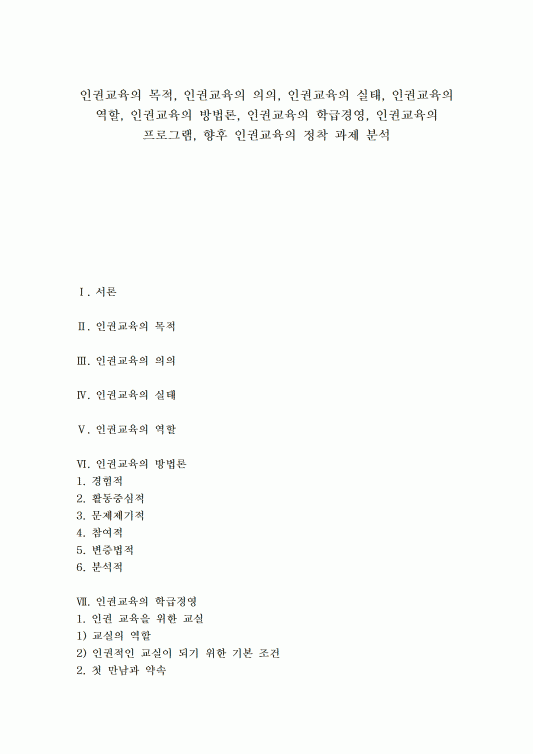 [인권교육][인권지도][인권존중][인권침해]인권교육의 목적, 인권교육의 의의, 인권교육의 실태, 인권교육의 역할, 인권교육의 방법론, 인권교육의 학급경영, 인권교육의 프로그램, 향후 인권교육의 정착 과제 분석