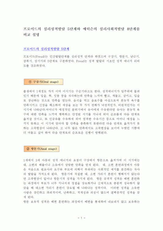 프로이드의 심리성적발달 5단계와 에릭슨의 심리사회적발달 8단계를 비교 설명