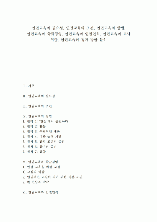 [인권교육][인권교육의 방법][학급경영][인권인식]인권교육의 필요성, 인권교육의 조건, 인권교육의 방법, 인권교육과 학급경영, 인권교육과 인권인식, 인권교육의 교사 역할, 인권교육의 정착 방안 분석