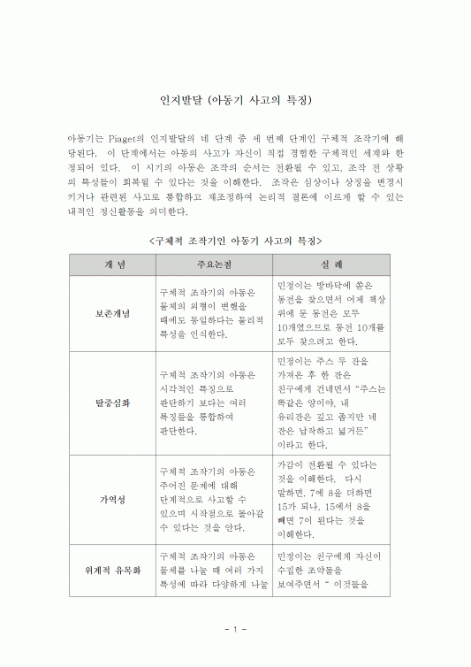 인지발달 아동기 사고의 특징