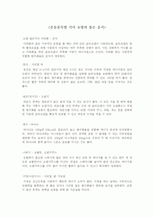 운동종목별 식이 요법과 좋은 음식