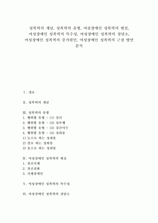 [성폭력][여성장애인 성폭력]성폭력의 개념, 성폭력의 유형, 여성장애인 성폭력의 현실, 여성장애인 성폭력의 특수성, 여성장애인 성폭력의 상담소, 여성장애인 성폭력의 증가원인, 여성장애인 성폭력의 근절 방안