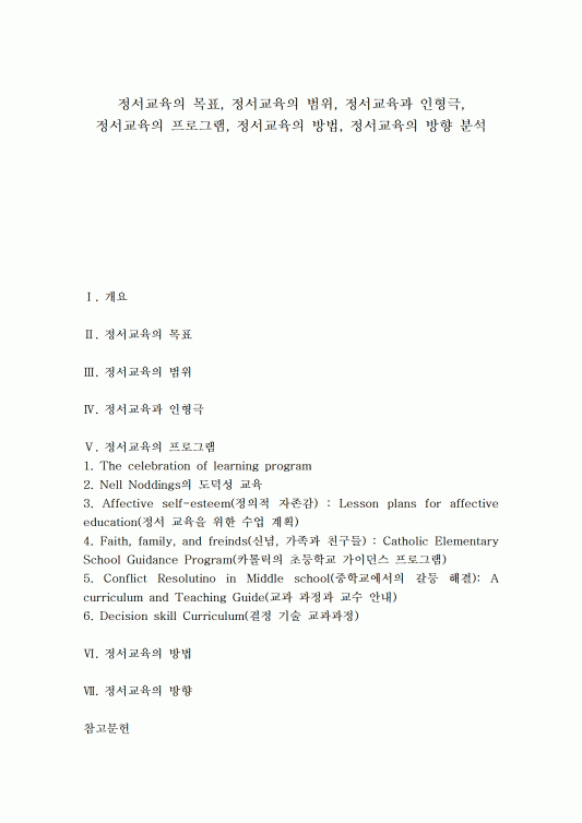 [정서교육][인형극][정서교육의 프로그램][정서교육의 방법][정서교육의 방향]정서교육의 목표, 정서교육의 범위, 정서교육과 인형극, 정서교육의 프로그램, 정서교육의 방법, 정서교육의 방향 분석