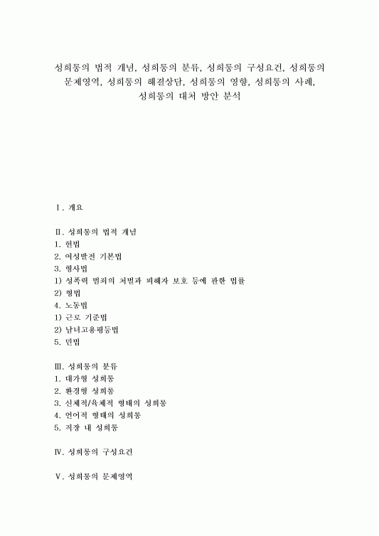 [성희롱][성희롱의 사례][성희롱의 대처방안]성희롱의 법적 개념, 성희롱의 분류, 성희롱의 구성요건, 성희롱의 문제영역, 성희롱의 해결상담, 성희롱의 영향, 성희롱의 사례, 성희롱의 대처 방안 분석