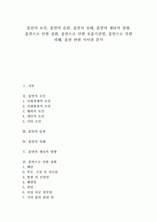 [흡연][흡연으로 인한 피해][흡연 관련 시사점]흡연의 요인, 흡연의 습관, 흡연의 실태, 흡연의 생리적 영향, 흡연으로 인한 질환, 흡연으로 인한 호흡기감염, 흡연으로 인한 피해, 흡연 관련 시사점 분석