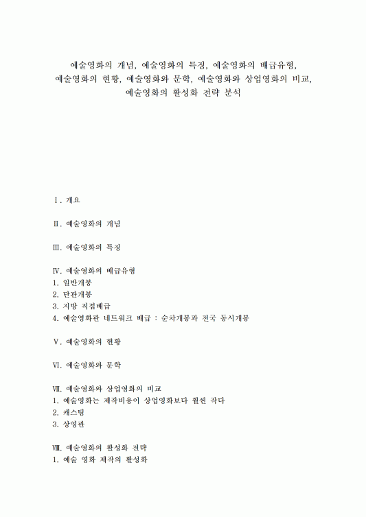 [예술영화][상업영화][예술영화의 활성화전략]예술영화의 개념, 예술영화의 특징, 예술영화의 배급유형, 예술영화의 현황, 예술영화와 문학, 예술영화와 상업영화의 비교, 예술영화의 활성화 전략 분석