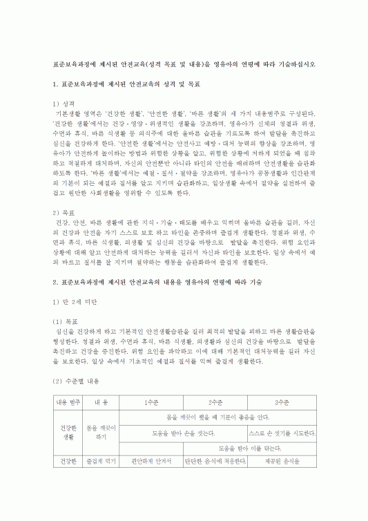 표준보육과정에 제시된 안전교육(성격 목표 및 내용)을 영유아의 연령에 따라 기술하십시오