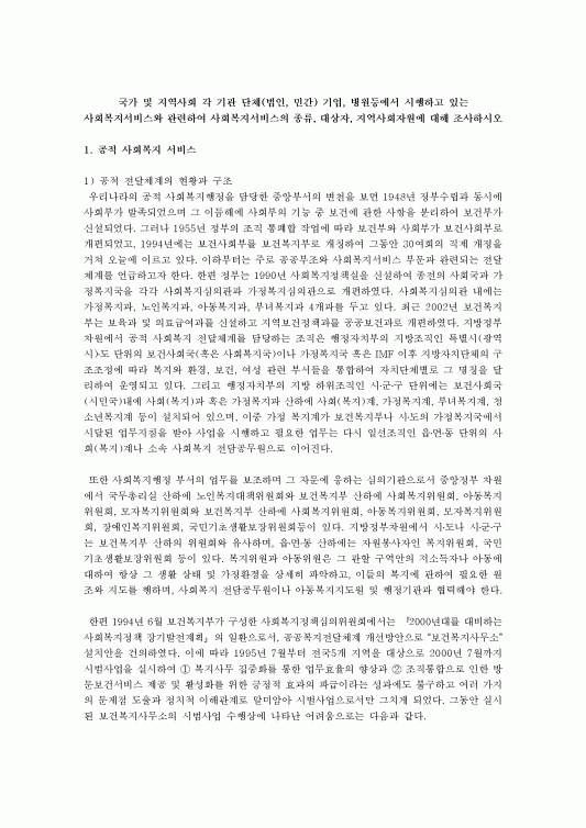 국가 및 지역사회 각 기관 단체(법인, 민간) 기업, 병원등에서 시행하고 있는 사회복지서비스와 관련하여 사회복지서비스의 종류, 대상자, 지역사회자원에 대해 조사