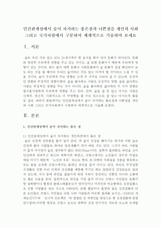 인간관계상에서 술이 차지하는 좋은점과 나쁜점을 개인과 사회 그리고 국가차원에서 구분하여 체계적으로 기술하여 보세요