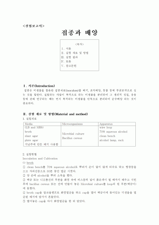 [실험보고서] 접종과 배양