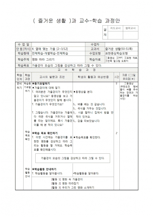 1학년)즐거운 생활 <즐거운 생활과 교수-학습 과정안> - 4. 열매 맺는 가을 [2~3/12] : 명화 따라 그리기, 가을걷이 모습의 그림을 감상하고 따라 그릴 수 있다. (중안)