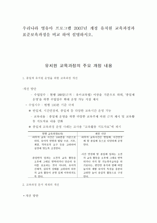 우리나라 영유아 프로그램 2007년 개정 유치원 교육과정과 표준보육과정을 비교 하여 설명하시오.