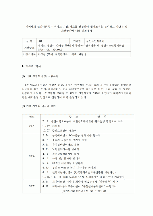 지역사회 민간사회복지 서비스 기관1개소를 선정하여 행정조직을 분석하고 장단점 및 개선방안에 대해 의견제시