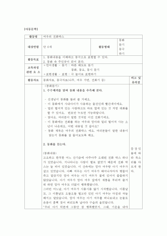 만6세) 아동문학 계획안<동극 게획안> - 여우의 전화박스